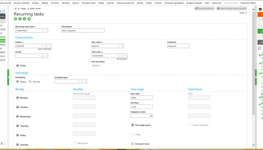 How to setup WIP Finalization as a Recurring Task in Sage X3