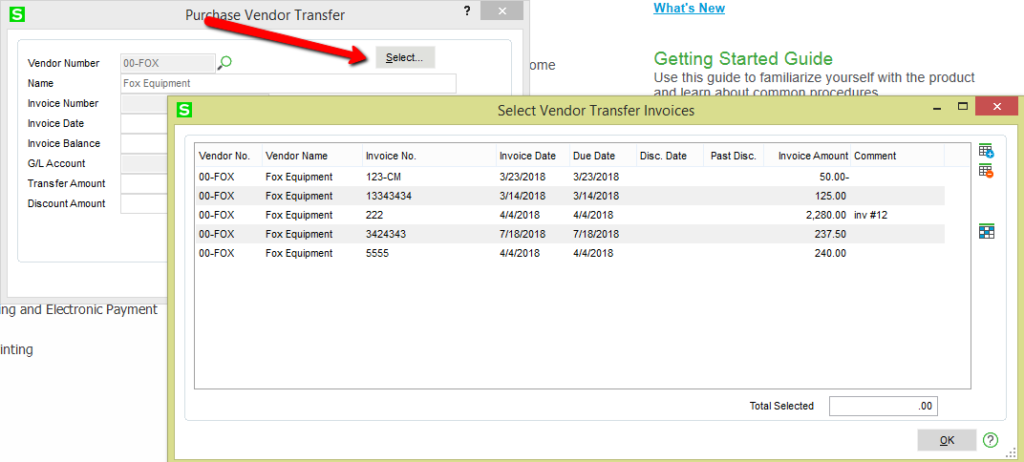 Sage 100 Purchase Vendor Transfer Window