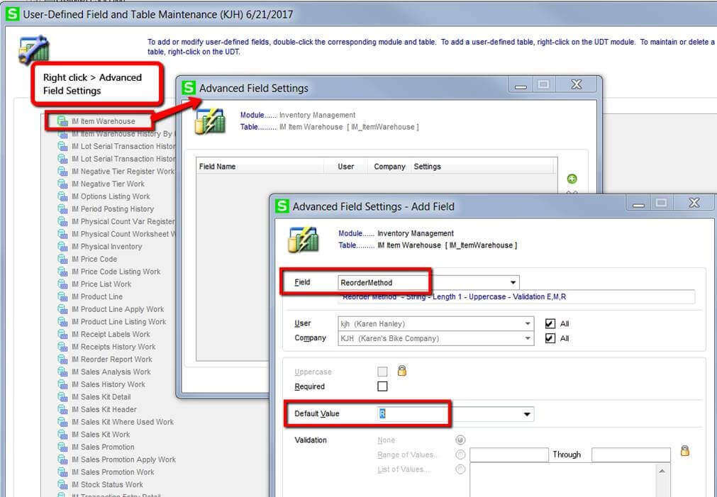 Setting Default values in Sage 100